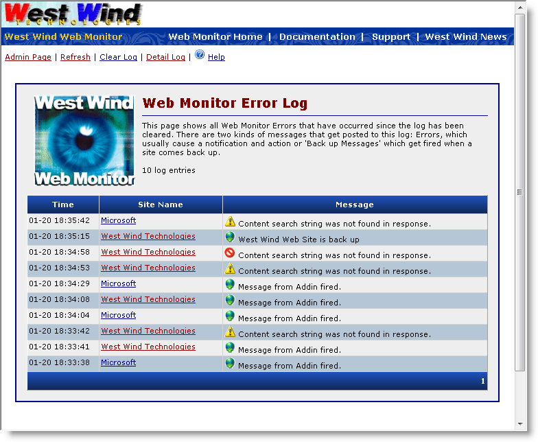 Displaying the Logs - West Wind Web Monitor