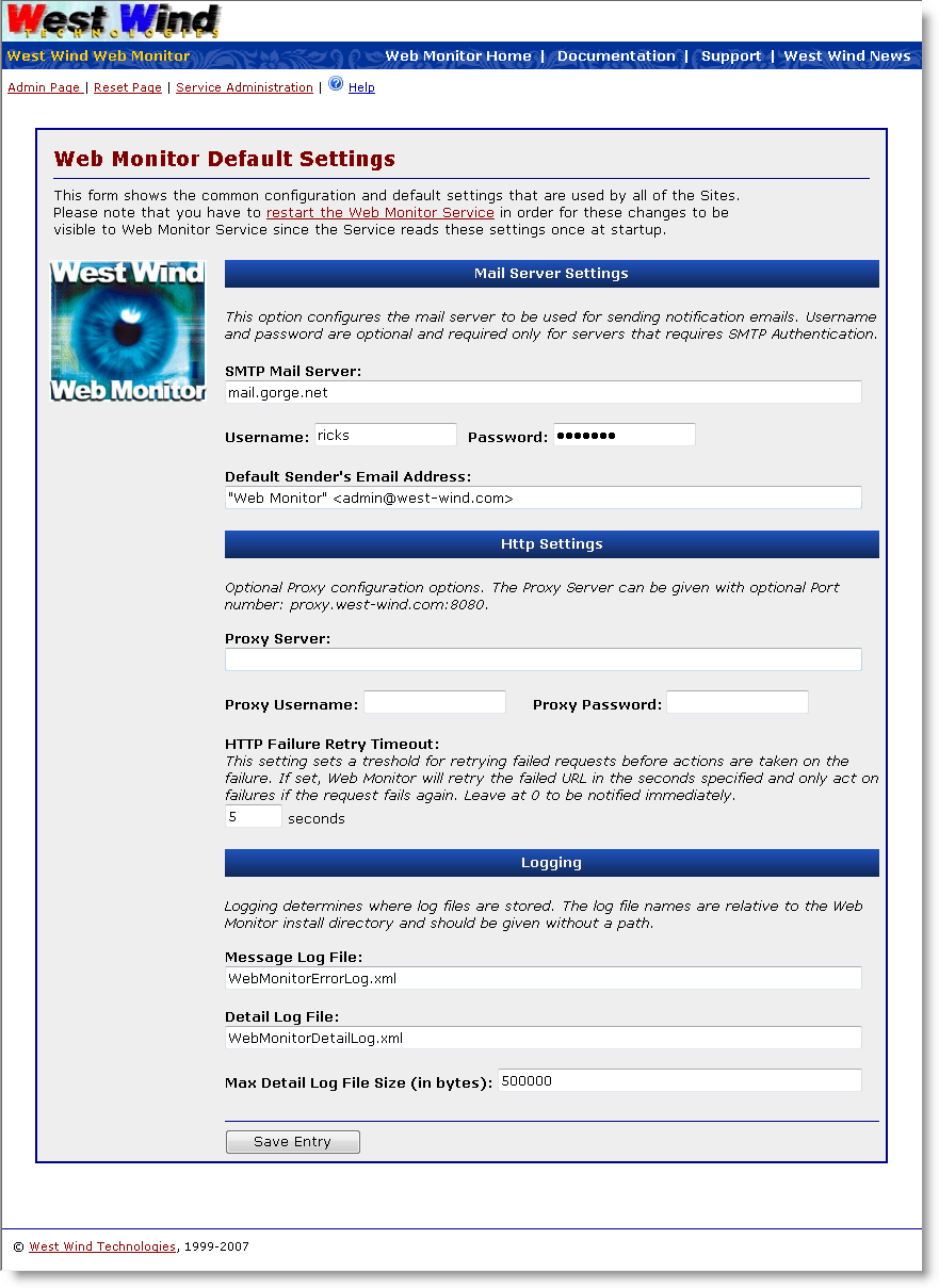 Web Monitor Default Configuration Settings - West Wind Web Monitor