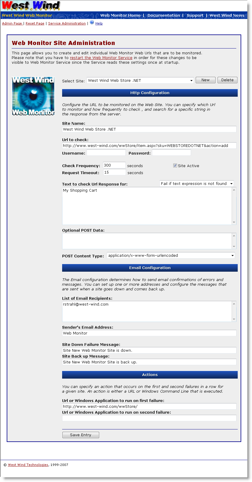 Web Monitor Site Configuration Form - West Wind Web Monitor