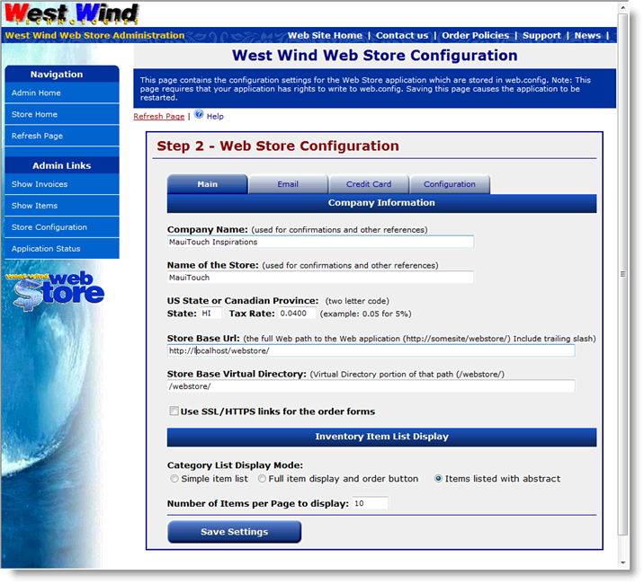 Step 2 - Web Store Configuration - West Wind Web Store .NET