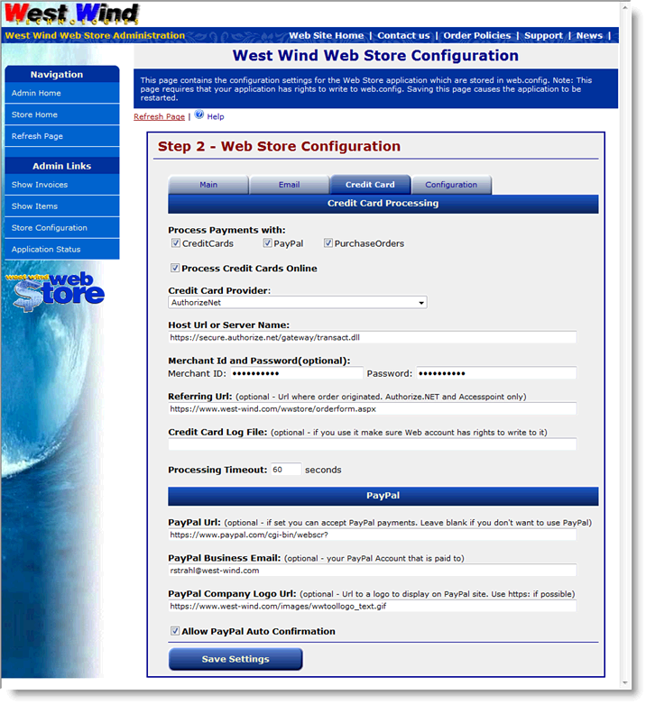 Step 2 - Web Store Configuration - West Wind Web Store .NET