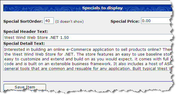 Specials Manager - West Wind Web Store .NET